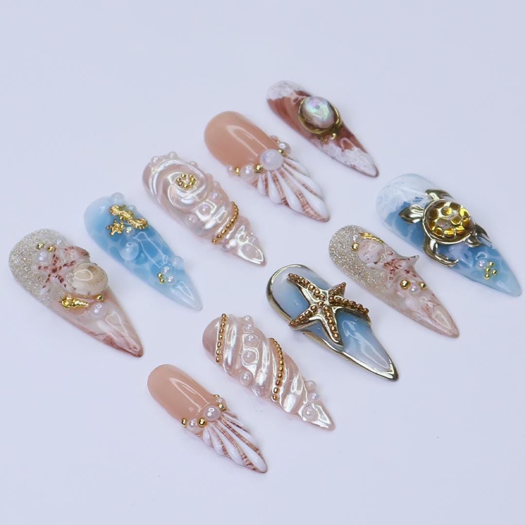 Summer Press on Nail With 3D Turtle & Starfish | Ocean Inspired Fake ...