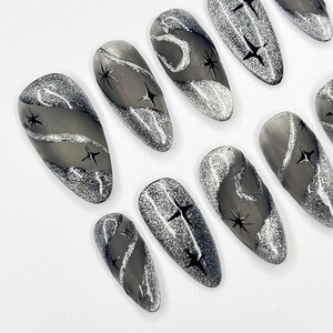 Black Stars Press on Nails, Black Coffin Nails, Custom Fake Nails, Handpainted False Nails ...