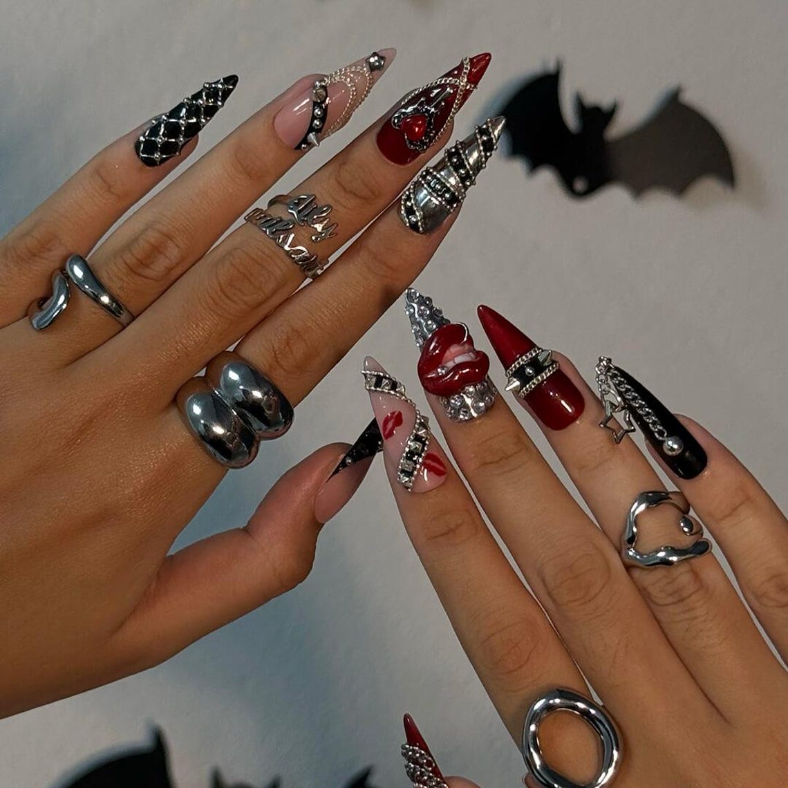 Halloween Gothic Press on Nails With Chains, Lips & Studs | Long Almond ...