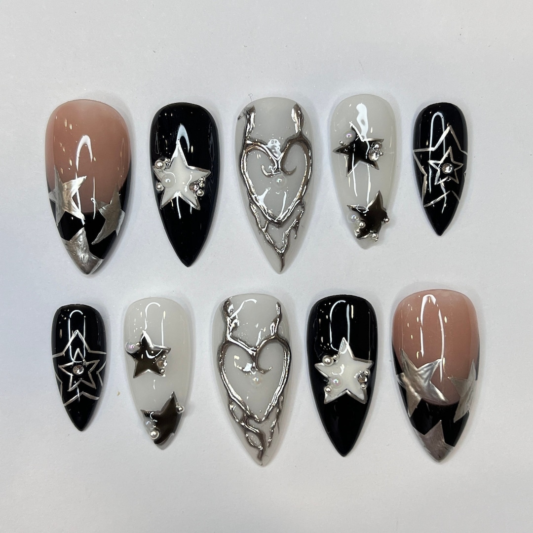 Freestyle Silver Stars Press on Nails, Elegant Fake Nails, Chrome Nails ...