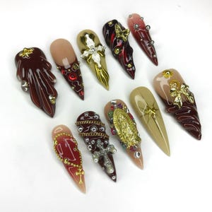 Red & Gold Renaissance Long Stiletto Press on Nails, Unique Design ...