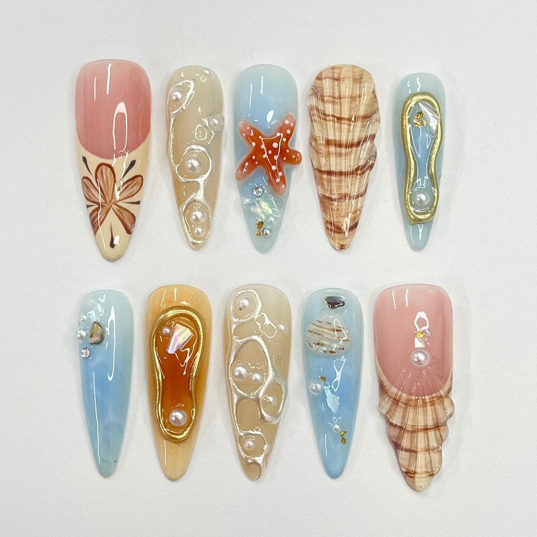 3D Seashell With Starfish Long Almond Press on Nails, Summer Fake/false ...