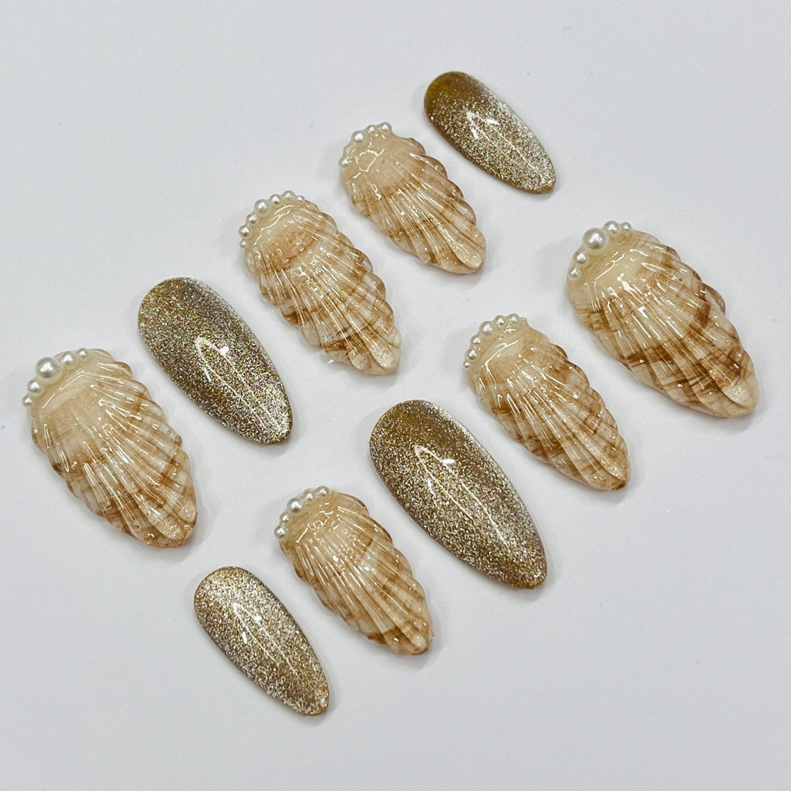 Ocean Inspired Seashell Medium Almond Press on Nails, Handmade Gel ...