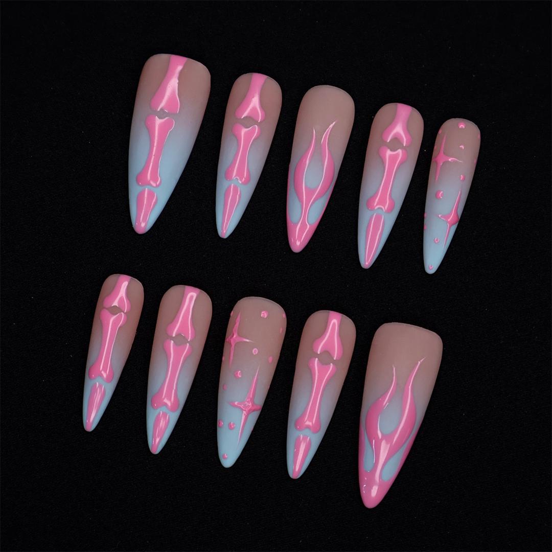 Pink Skeleton Press on Nails With Bones & Stars | Long Almond Fake Nail ...