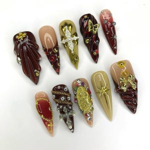 Red & Gold Renaissance Long Stiletto Press on Nails, Unique Design ...