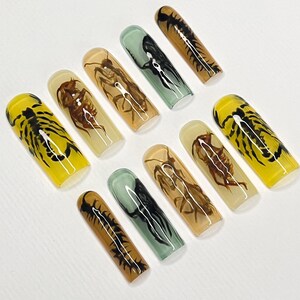 LNA0191 Insect Handpainted Long Square Press on Nail, Gel Nail Art ...