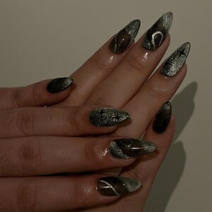 Black Stars Press on Nails, Black Coffin Nails, Custom Fake Nails, Handpainted False Nails ...