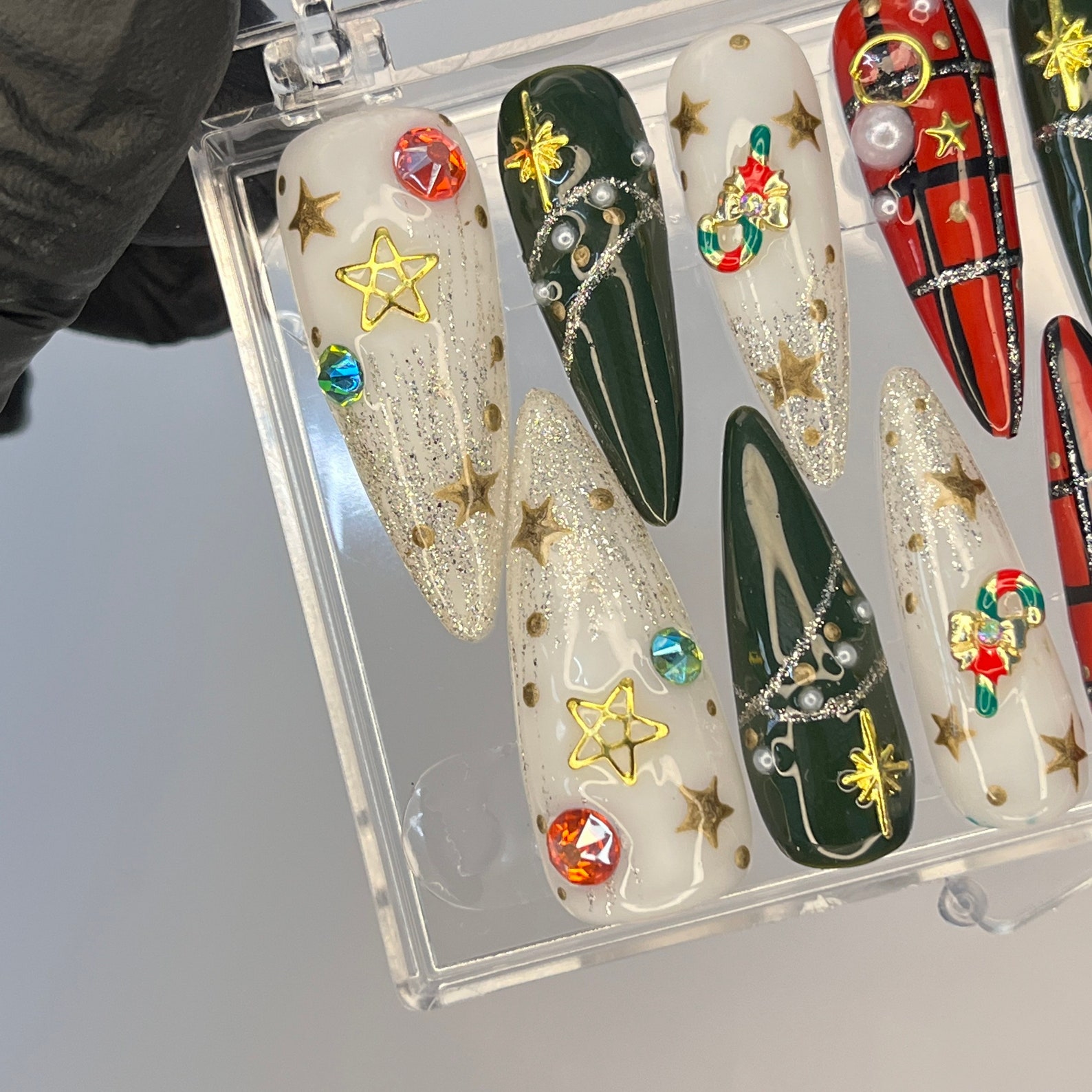 Golden Starlight Christmas Long Almond Press on Nails - Festive Xmas ...