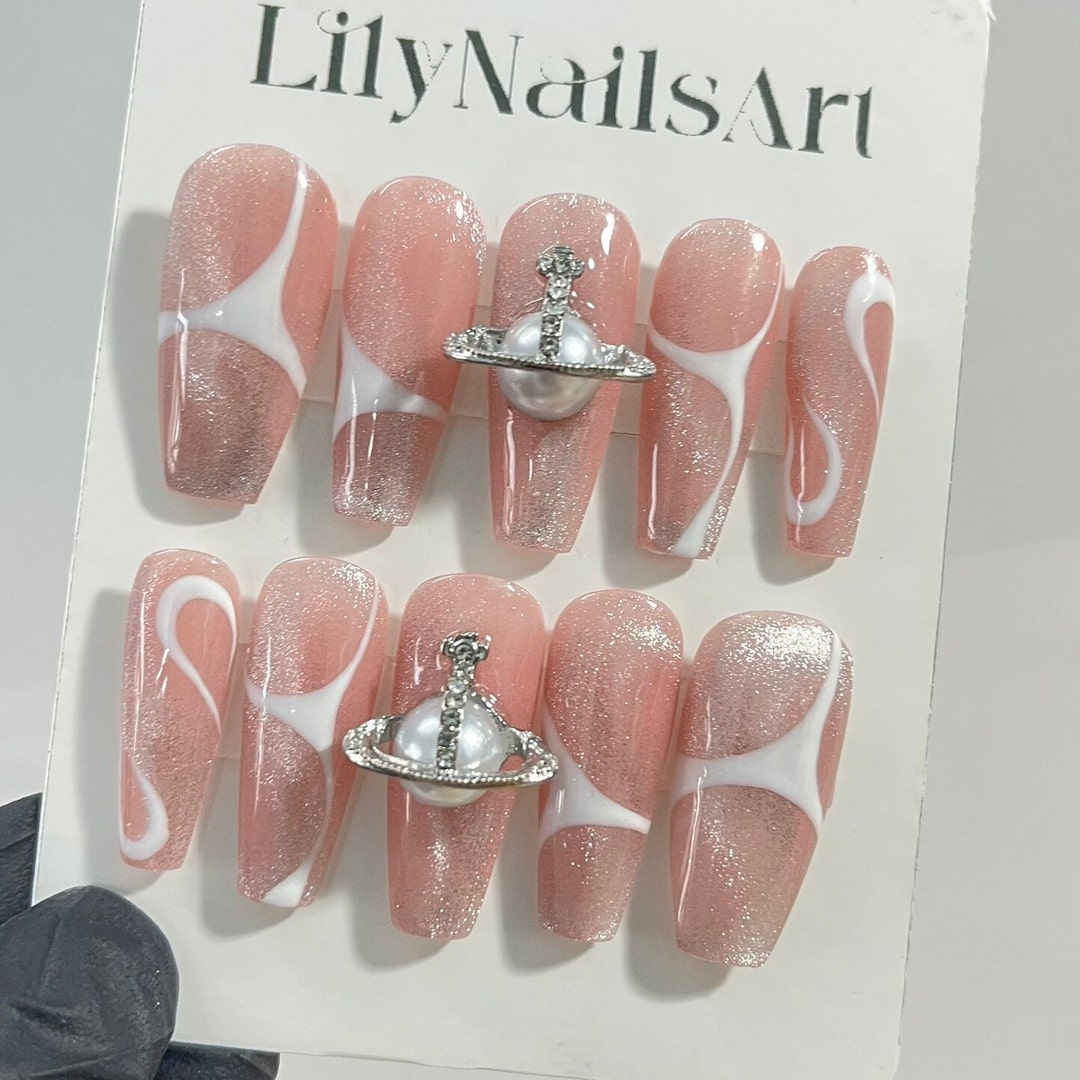 Cat Eye With White Pearl Long Coffin Press on Nails, Custom Fake Nails ...