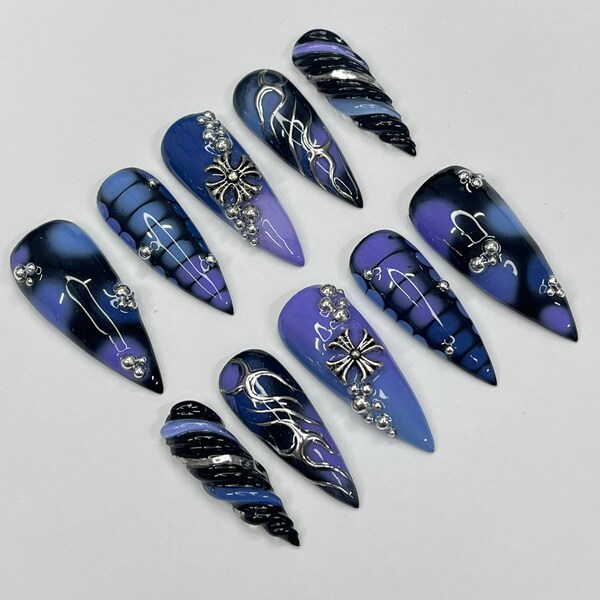 Dark Blue Long Nails - Etsy