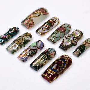 Vitrella Stained Glass Press-on Nails – 3D Gold Details, Floral Accents ...
