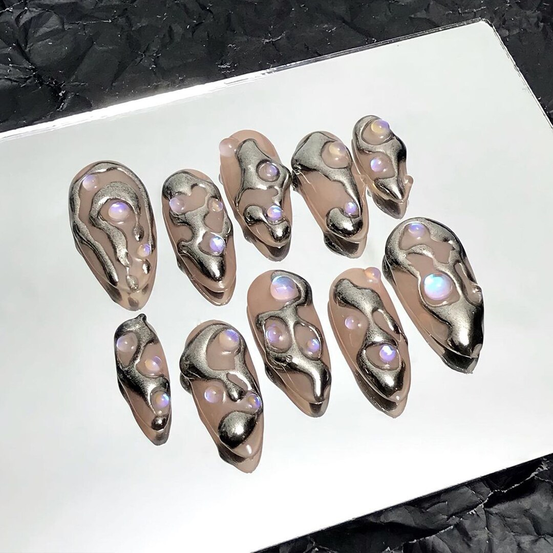 3D Silver Almond Press on Nails, Custom Metallic Fake Nails, False ...