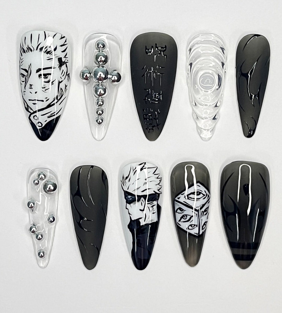 Buy Gojo Satoru Anime Hanpainted Long Almond Press on Nail, Gel Nail ...