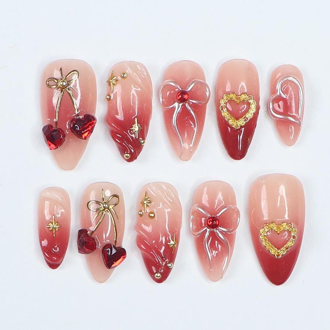 Press on Nails Cupid’s Kiss With Gold Heart | 3D Bow & Gem Fake Nail in ...