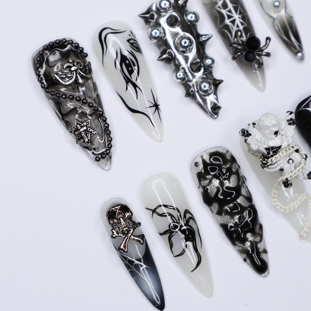 Black and Silver 3D Press-on Nails With Spikes, Chains, and Gothic ...