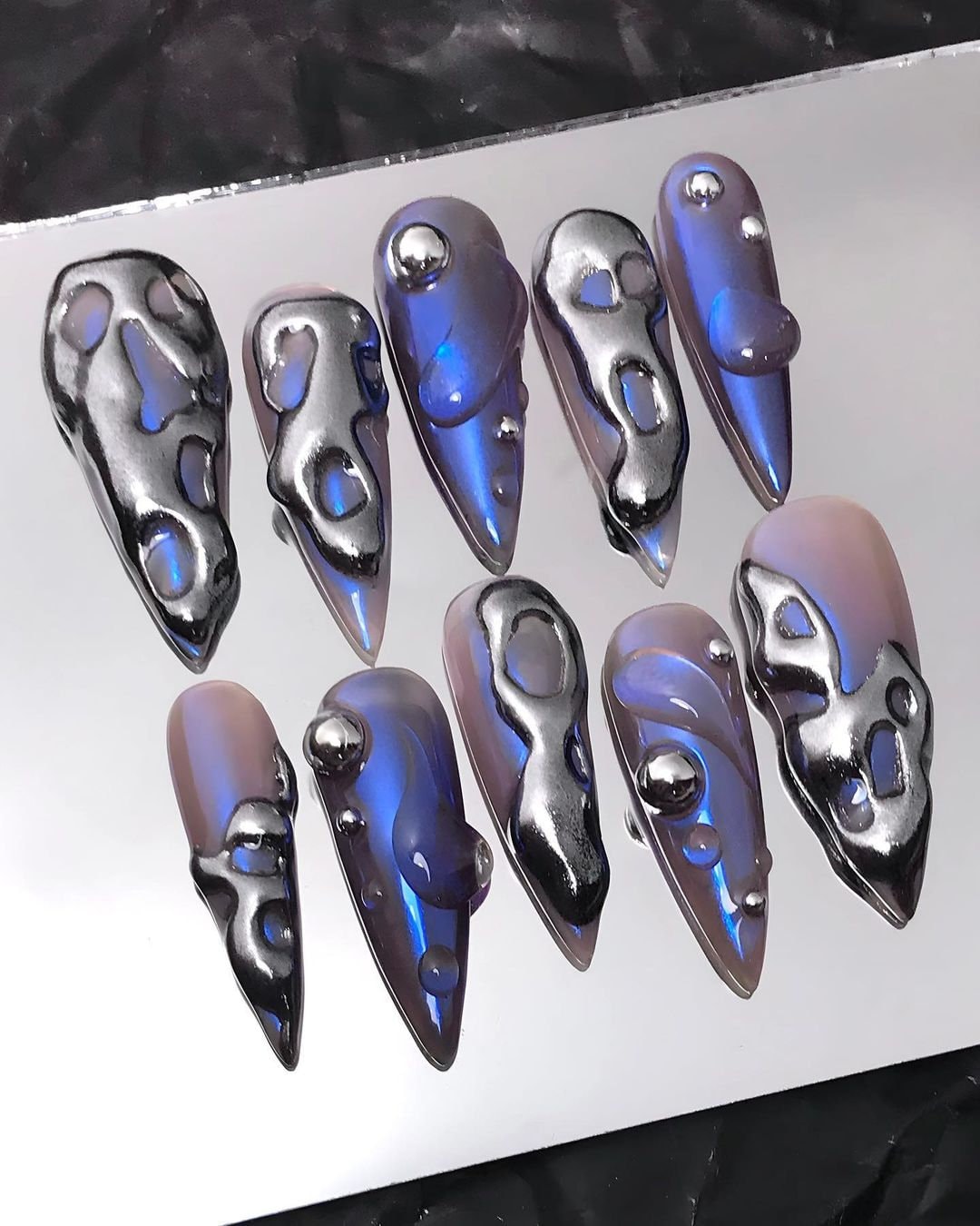 Custom Long Stiletto Metallic Silver Press on Nails - Free-style Goth ...