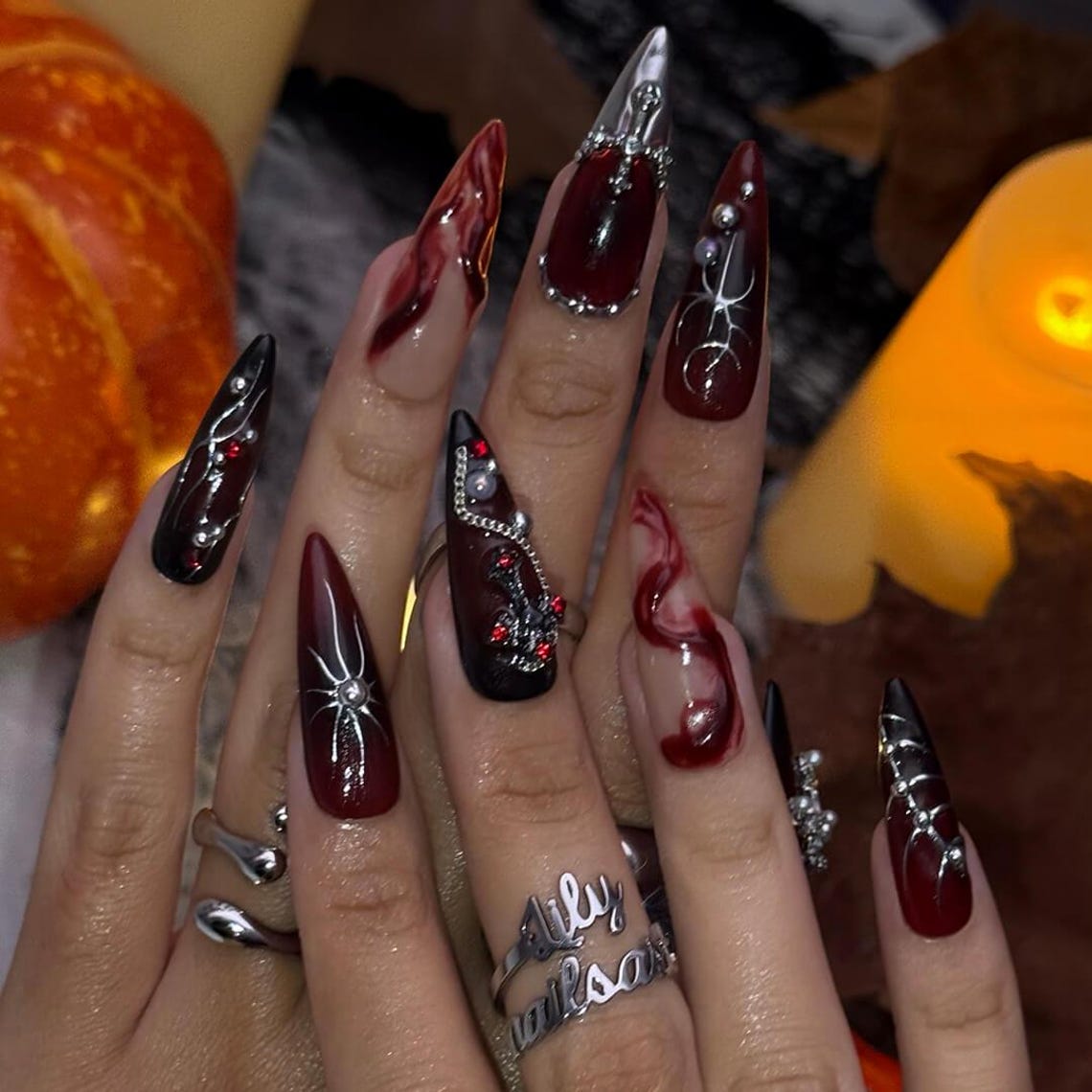Halloween Gothic Press on Nails With Cross, Spider and Chains | Long ...
