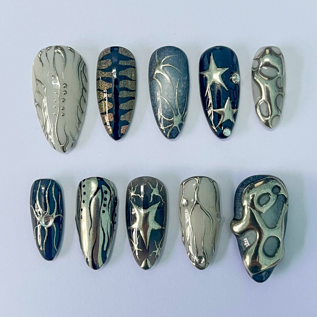 Freestyle 3D Almond Press on Nails, Metallic Chrome Goth Nails Art ...