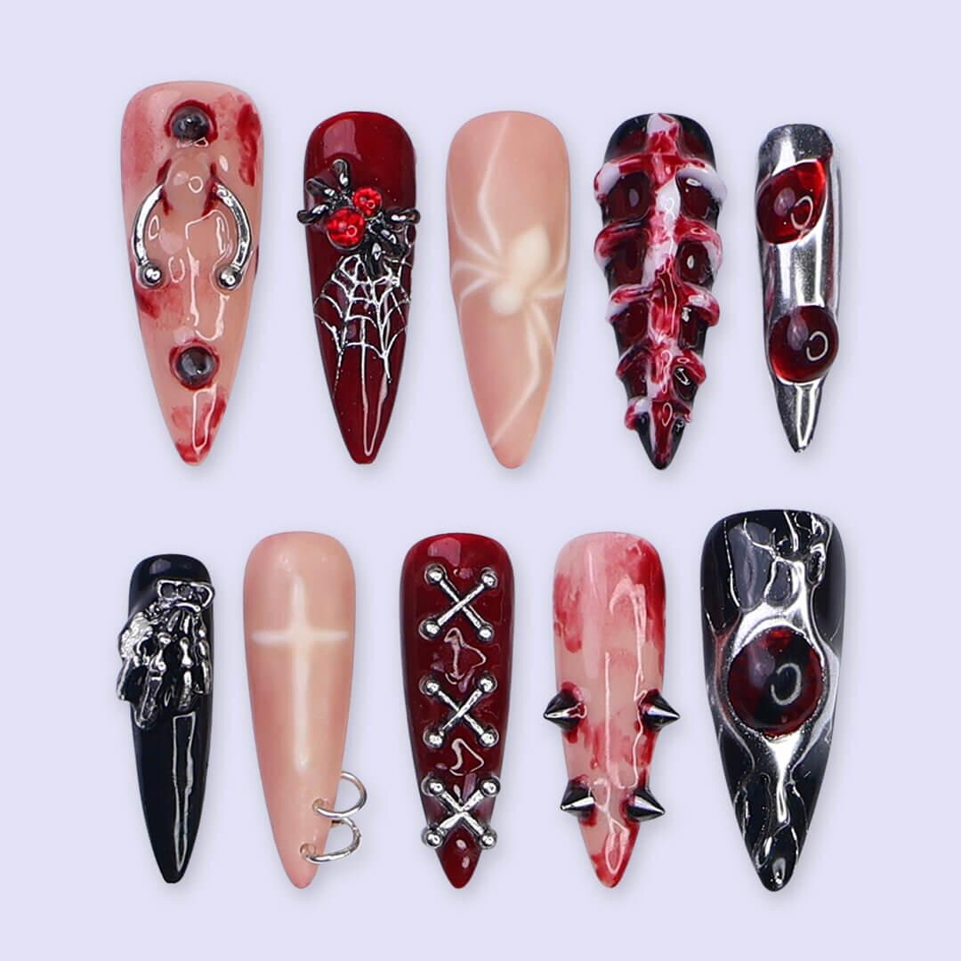Halloween Gothic Press on Nails With Spider Web, Cross, Spike | Long ...