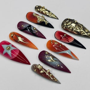 Bold Color Airbrush Long Stiletto Press on Nails, 3D Glam Goth False ...