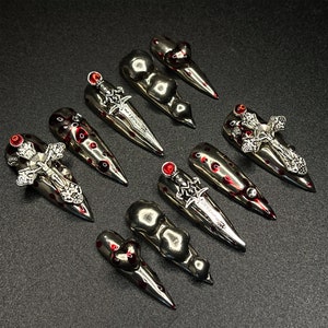 LNA0189 Silver Swords With Blood Long Stiletto Press on Nail, Halloween ...