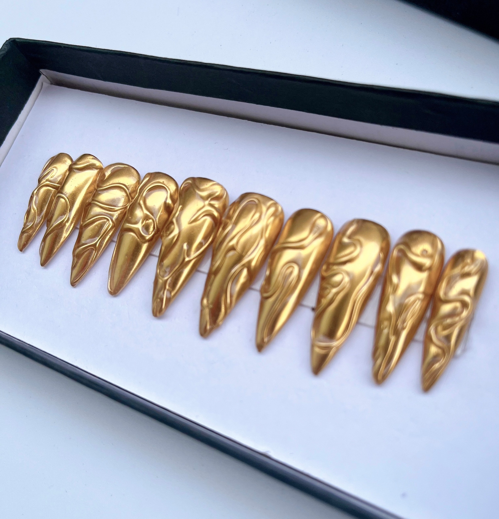 3D Gold Metallic Long Stiletto Press on Nails Goth , Custom Long Coffin ...