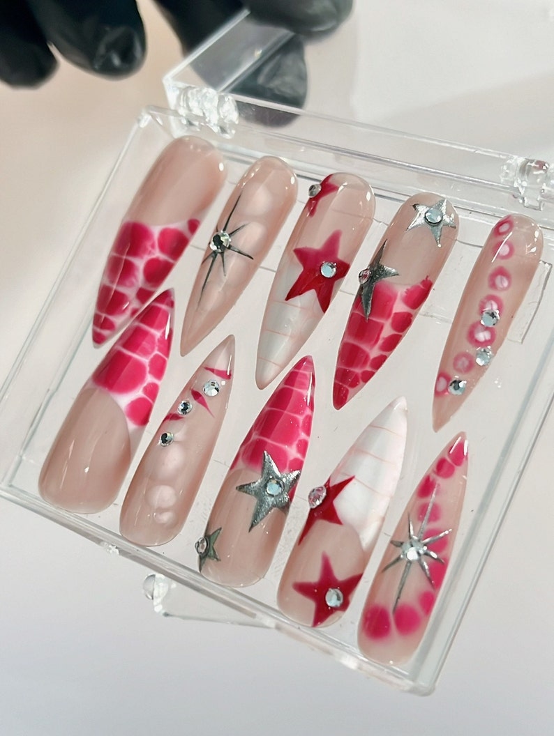 White and Red French Tip With Stars Long Stiletto Press on Nails Goth ...