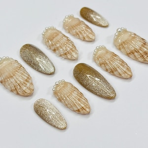 Ocean Inspired Seashell Medium Almond Press on Nails, Handmade Gel ...