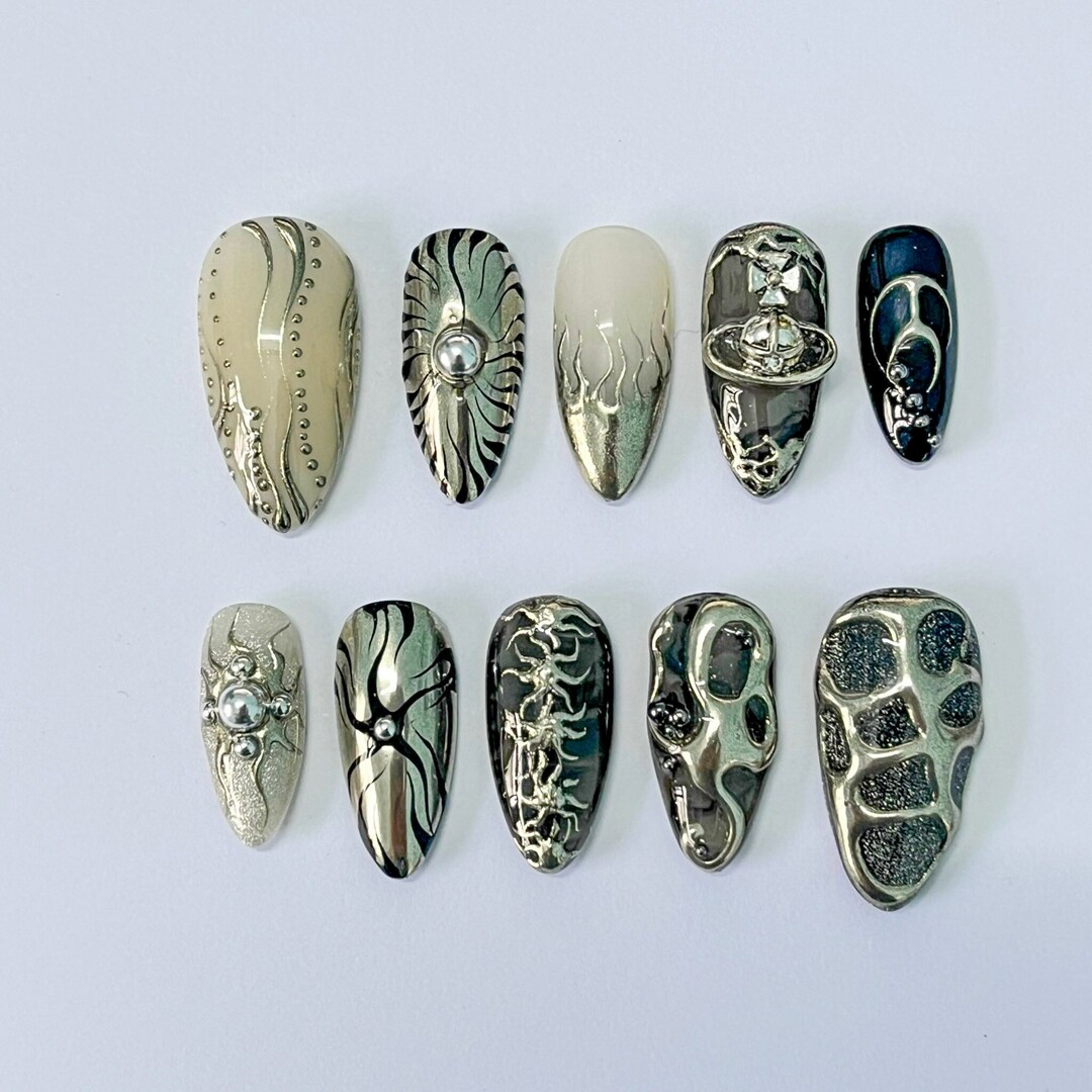 Freestyle 3D Almond Press on Nails, Metallic Chrome Goth Nails Art ...