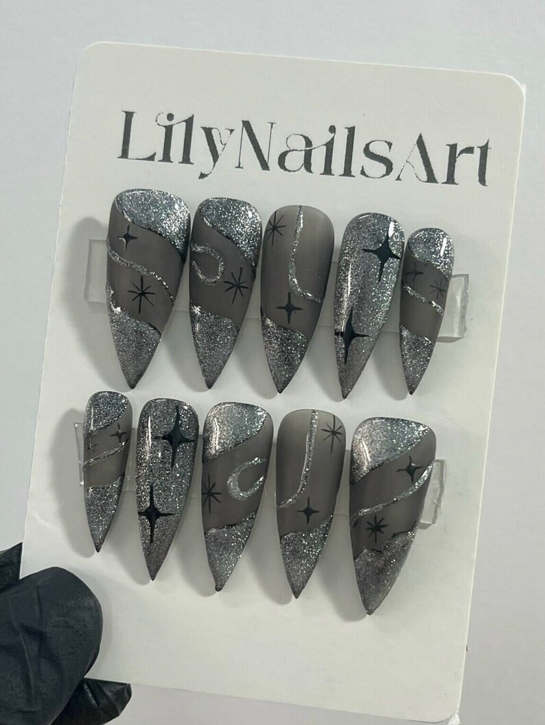 Black Stars Press on Nails Black Coffin Nails Custom Fake - Etsy