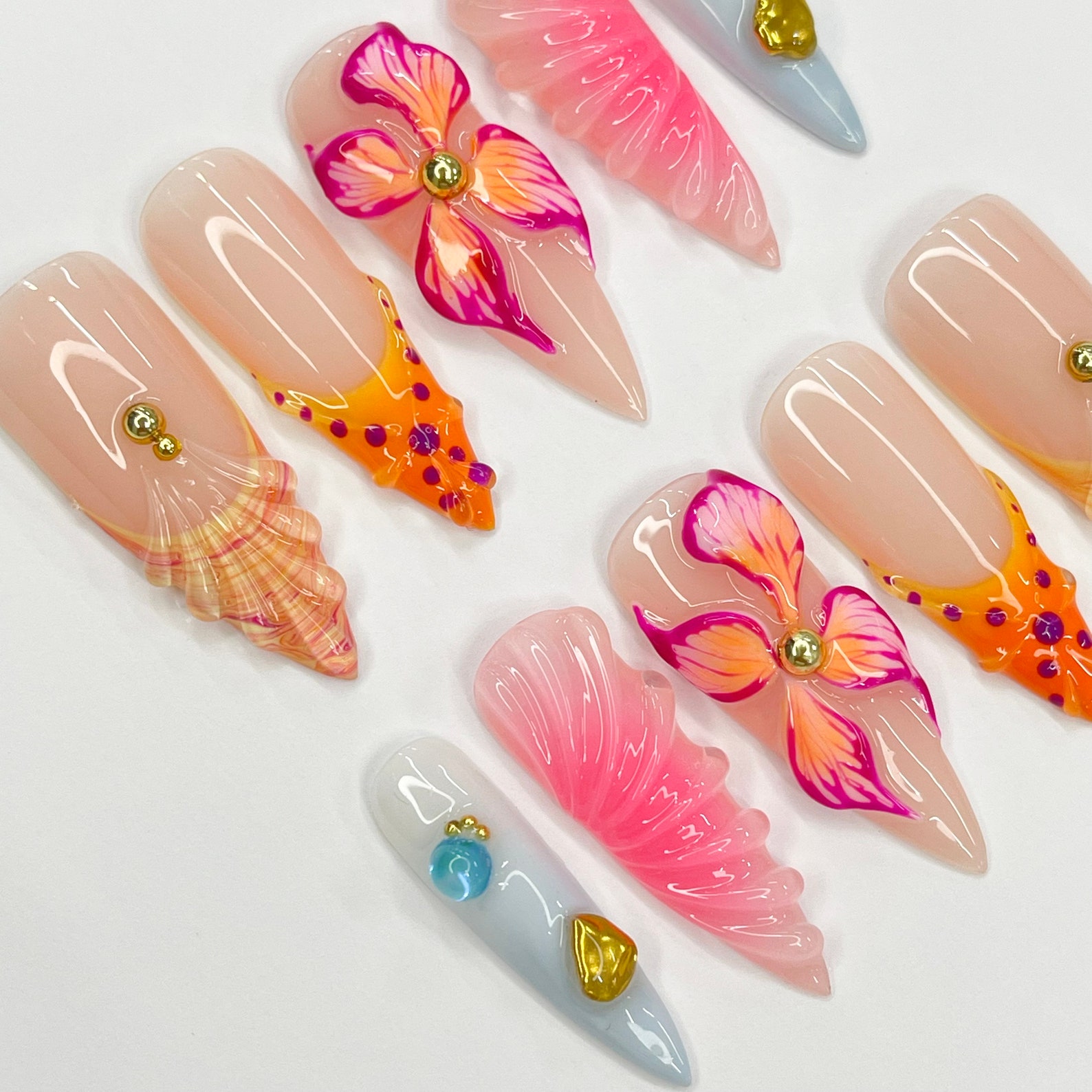 3D Flower With Seashell French Tip Long Almond Press on Nails, Unique ...