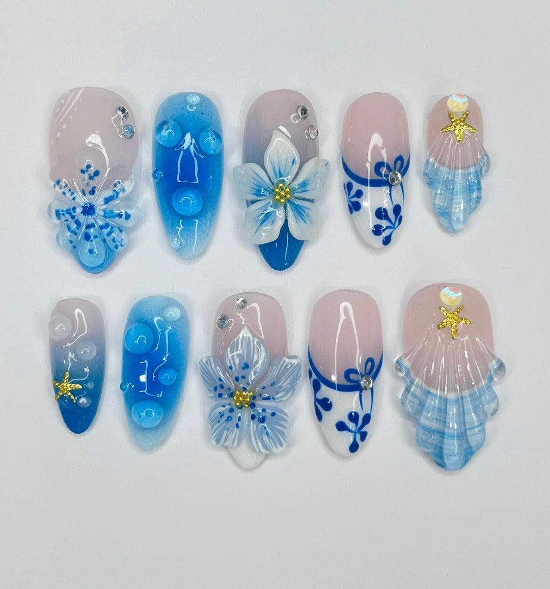 Press on Nails Blue Lagoon With Shell & Floral Art | Oceanic 3D Fake ...