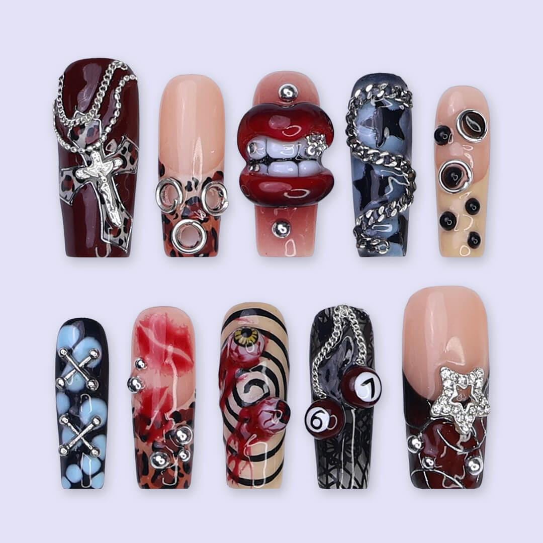 Halloween Gothic Press on Nails With Lips, Chains & Cross | Long Square ...