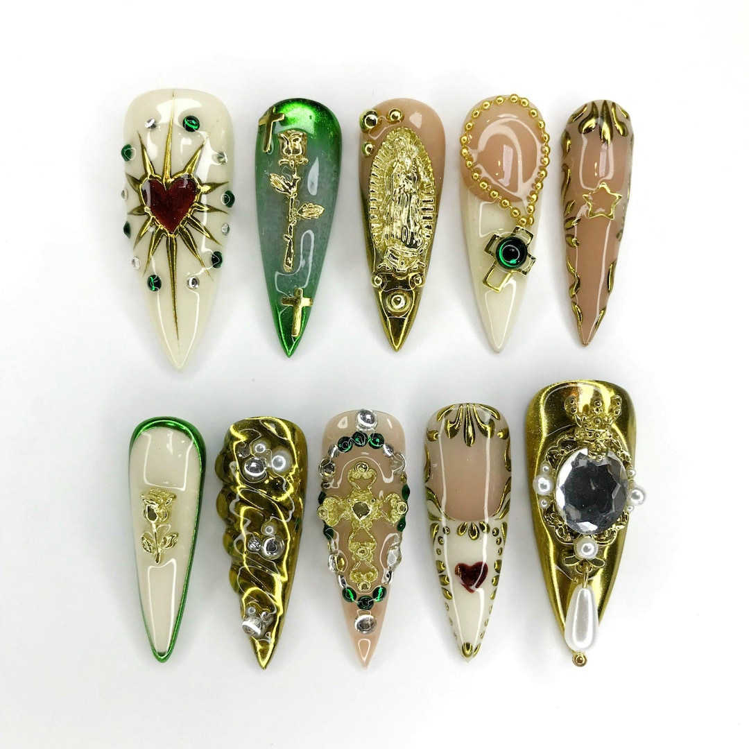 Elegant Virgin Mary Nail Long Stiletto Press on Nail, Custom Design Nail Art, Fake Nail for ...