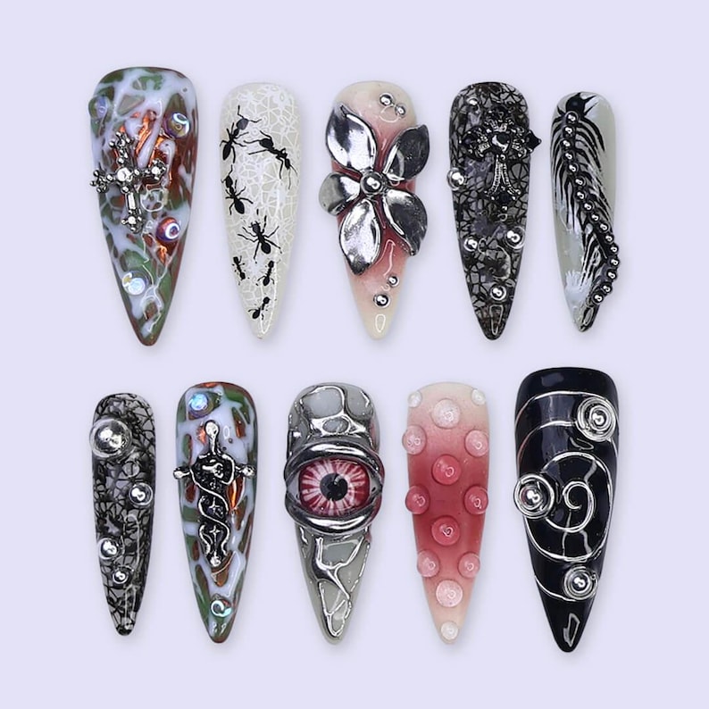 Halloween Gothic Press on Nails With Eyeball, Ants & Spider Web | Long ...
