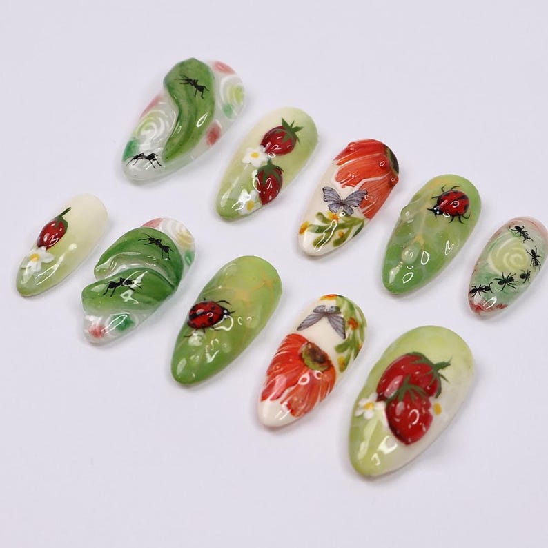 Whimsical Nature Press on Nails With Bugs, Strawberries, Flowers ...