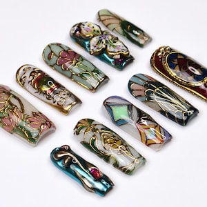 Vitrella Stained Glass Press-on Nails – 3D Gold Details, Floral Accents ...