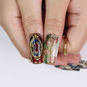 Vitrella Stained Glass Press-on Nails – 3D Gold Details, Floral Accents ...
