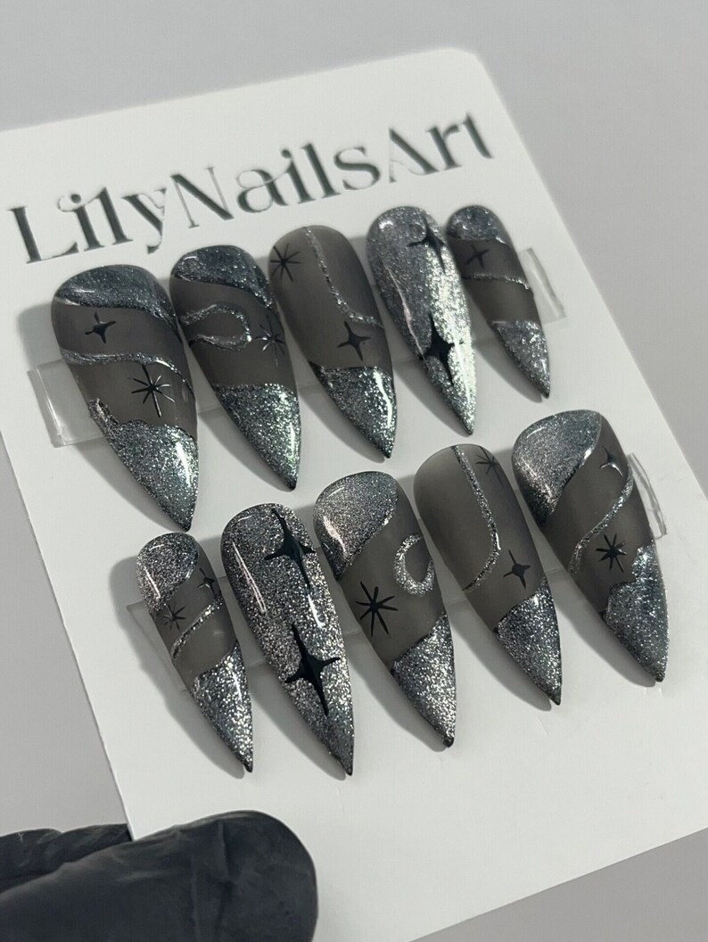 Black Stars Press on Nails Black Coffin Nails Custom Fake - Etsy