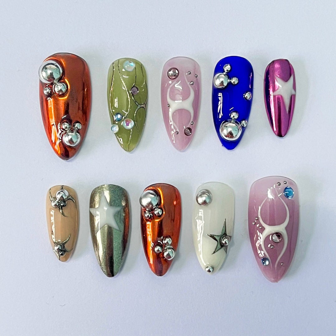 3D Freestyle Almond Goth Press on Nails, Handpainted Luxury Acrylic ...