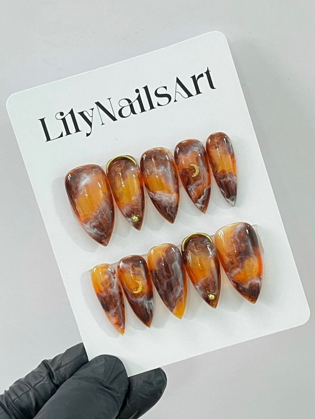 Tertoise Shell Effect Stiletto Press on Nails, Luxury Autumn Colour ...