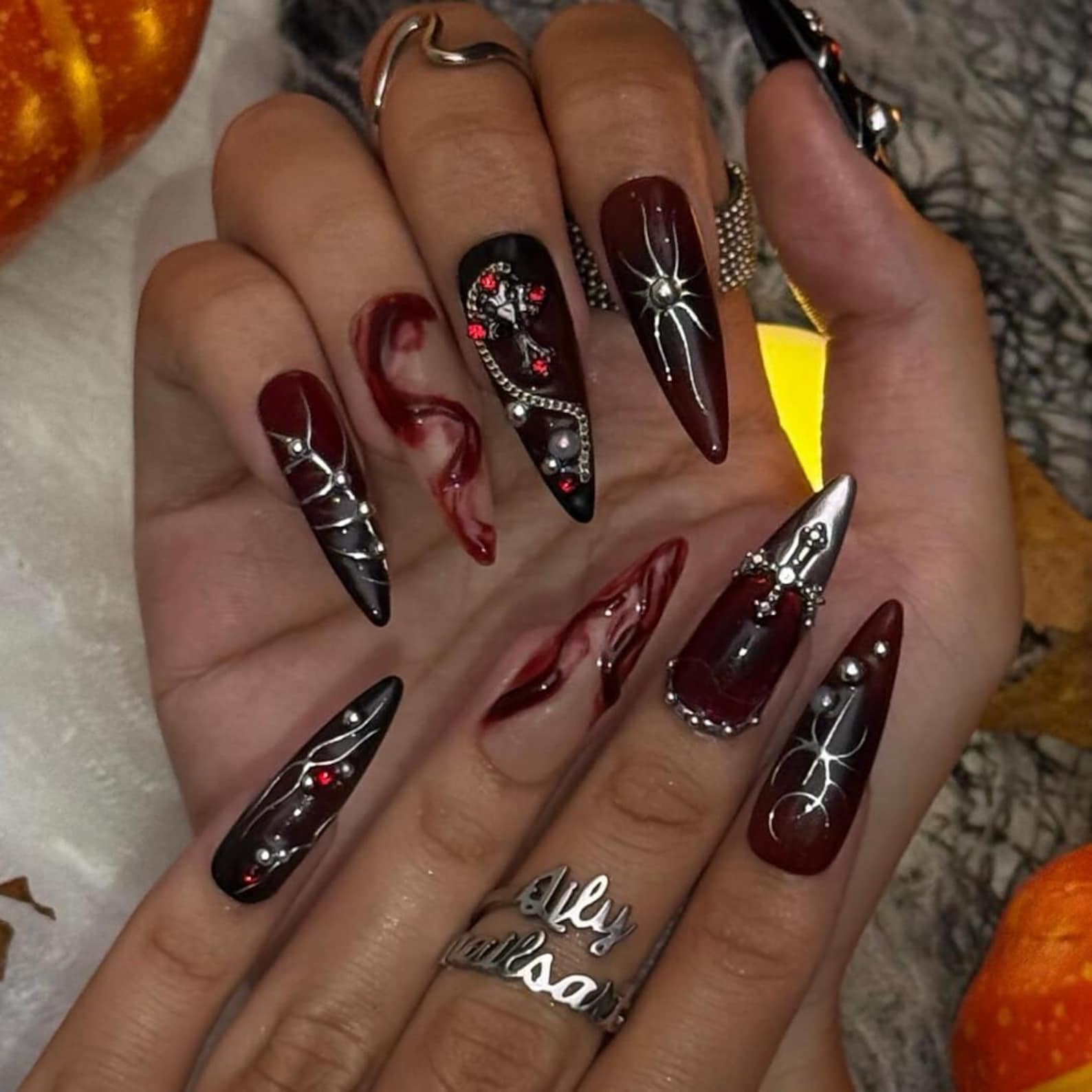 Halloween Gothic Press on Nails With Cross, Spider and Chains | Long ...