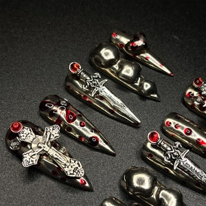 LNA0189 Silver Swords With Blood Long Stiletto Press on Nail, Halloween ...