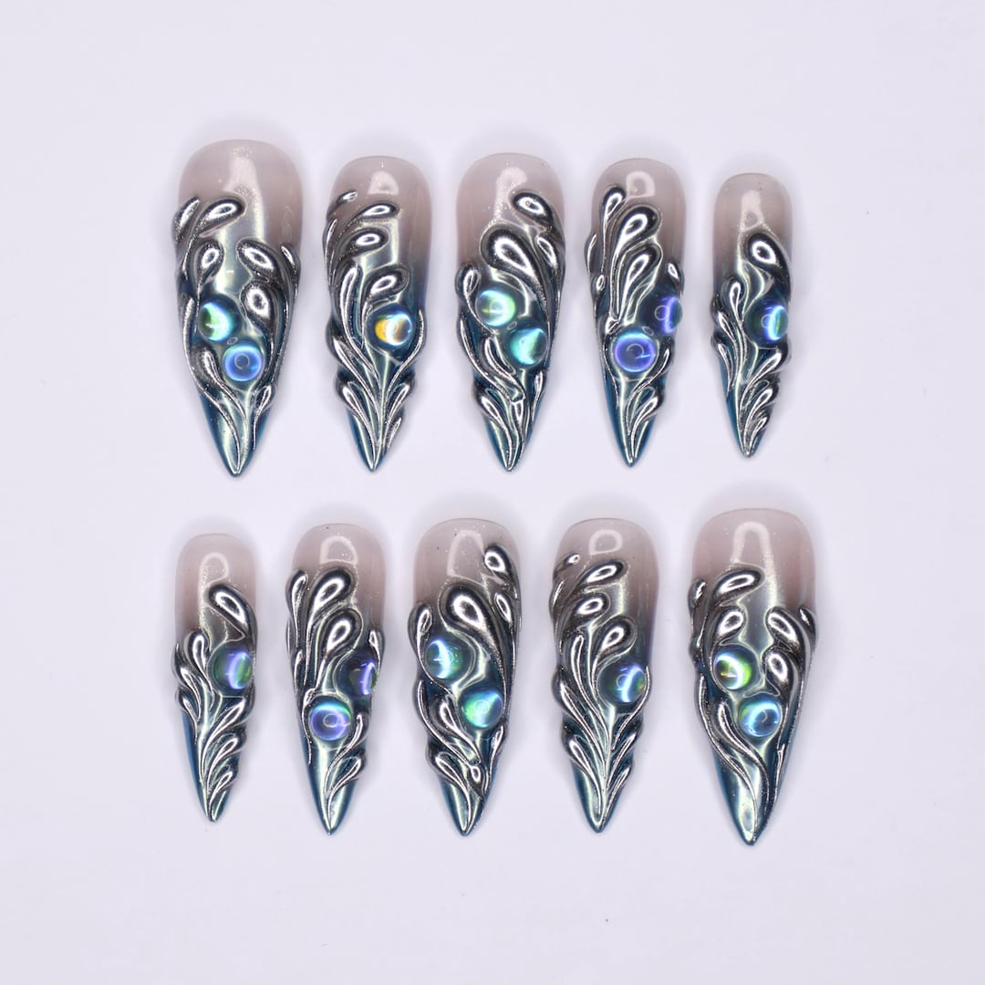 Freestyle 3D Chrome Long Almond Press on Nail, Gothic Nail Art Hand ...