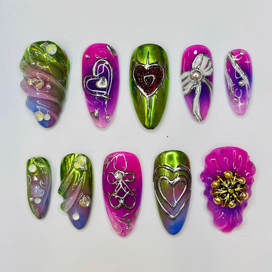 Freestyle 3D Pink & Purple Chrome Medium Almond Press on Nails, Cute ...