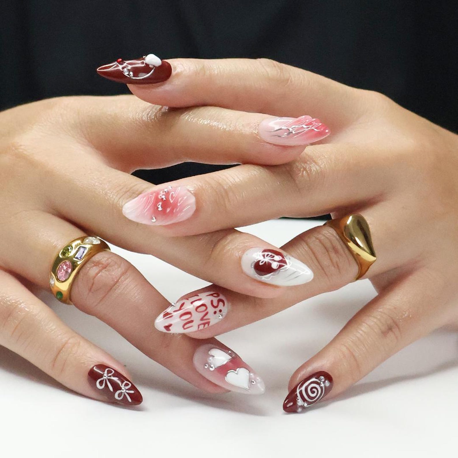 Press on Nails PS: I Love You With Pearl & Star | 3D Heart and Bow Fake ...