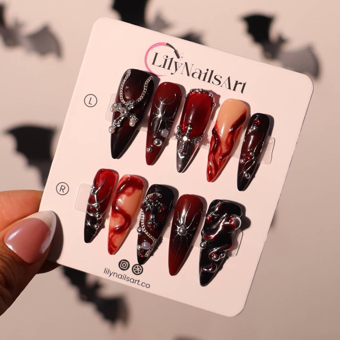 Halloween Gothic Press on Nails With Cross, Spider and Chains | Long ...