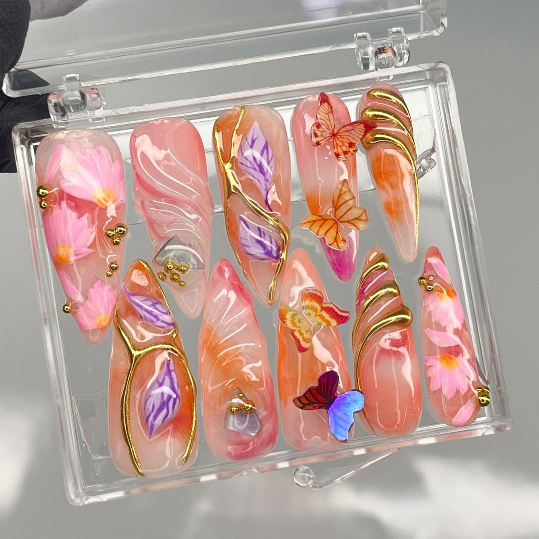 Fairy Tale Butterfly Long Almond Press on Nails, 3D Fairycore Nails ...