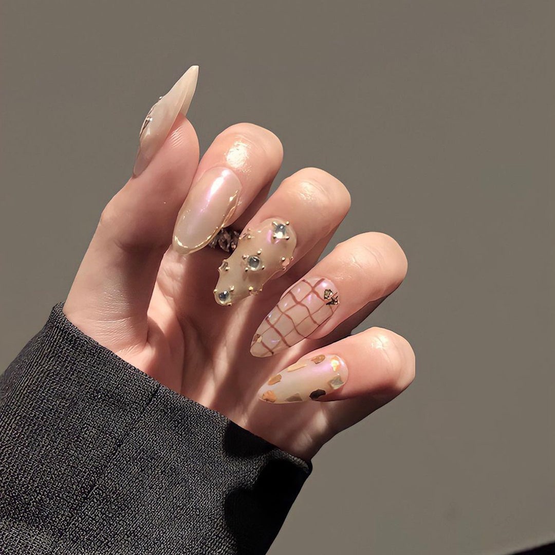 Pearl Sparkling Stone Long Stiletto Press on Nails, Fake Nails, Long ...