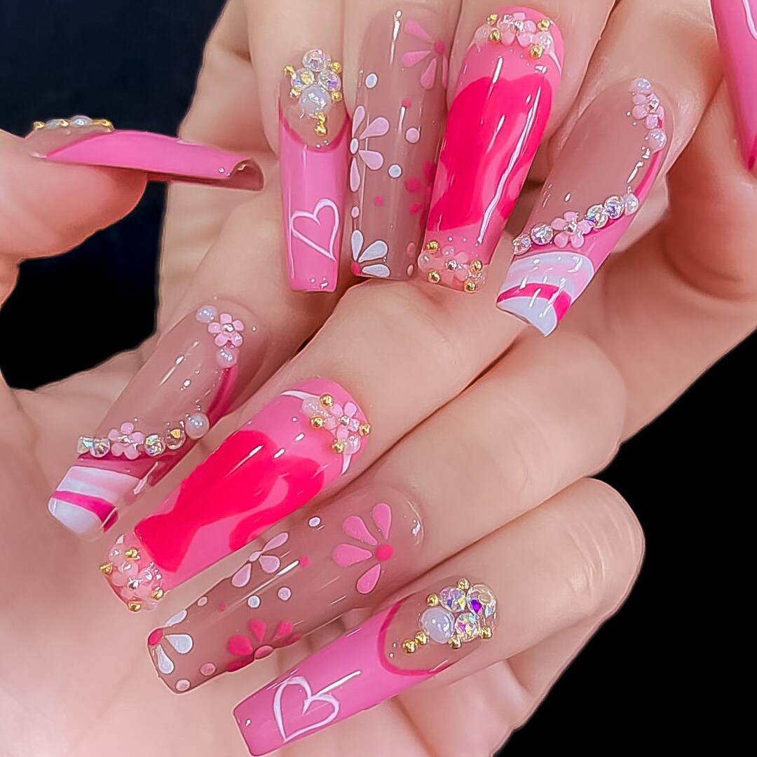 Trending Pink Barbie Long Coffin Press on Nails, Cute Fake/false Nail ...